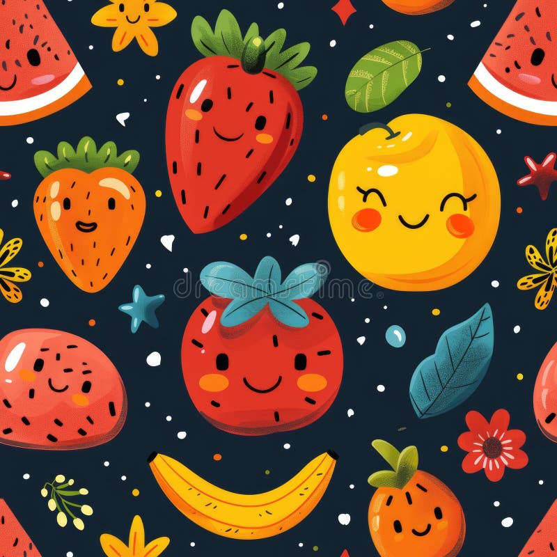 Cute Cartoon Fruit Pattern on Dark Background with Stars Stock ...