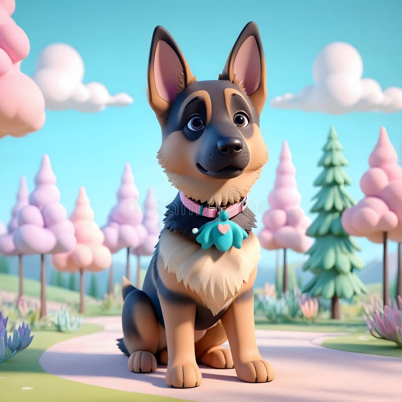 Cute Cartoon German Shepherd Puppy in a Whimsical Forest Stock ...