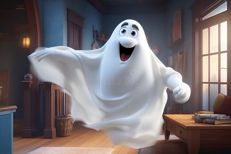 A Cute Cartoon Ghost is Flying in the House Stock Illustration ...