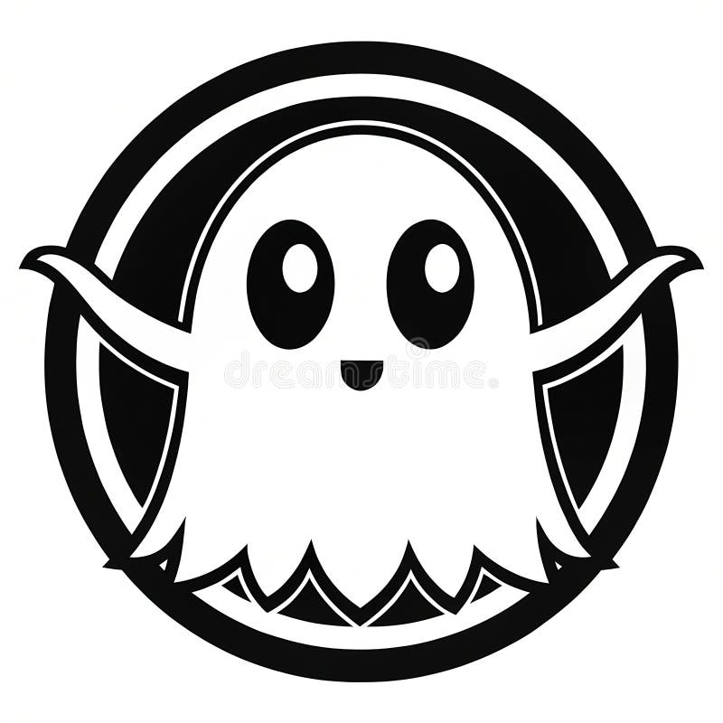 Cute Cartoon Ghost Illustration in Black and White Emblem Stock ...