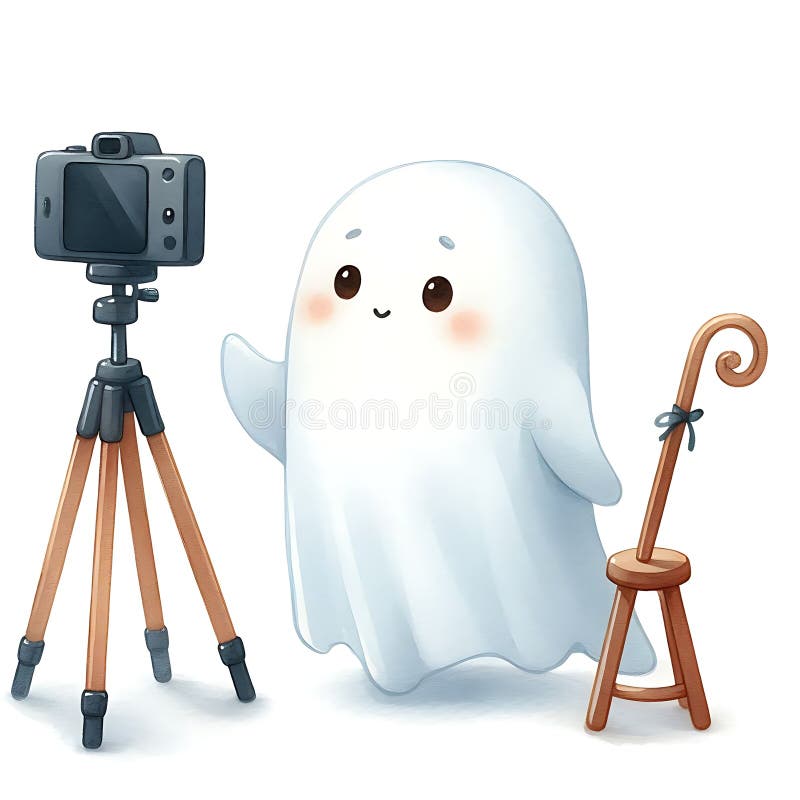 Cute Cartoon Ghost Waving Hello Next To a Camera on a Tripod Isolated ...