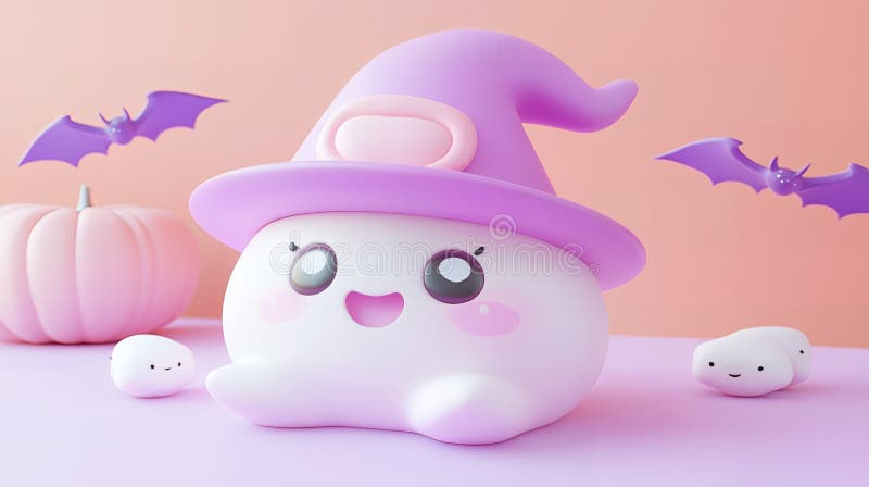 A Cute Cartoon Ghost Wearing a Witch Hat with Bats and a Pumpkin Stock ...