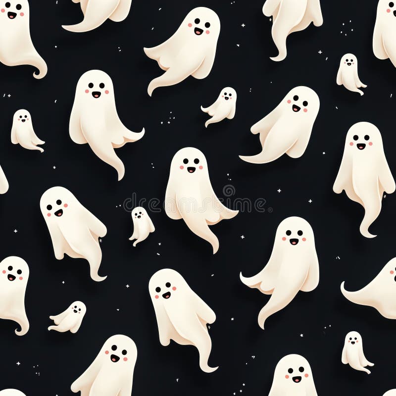 Cute Cartoon Ghosts Float in Dark Pattern Design. Happy, Whimsical ...