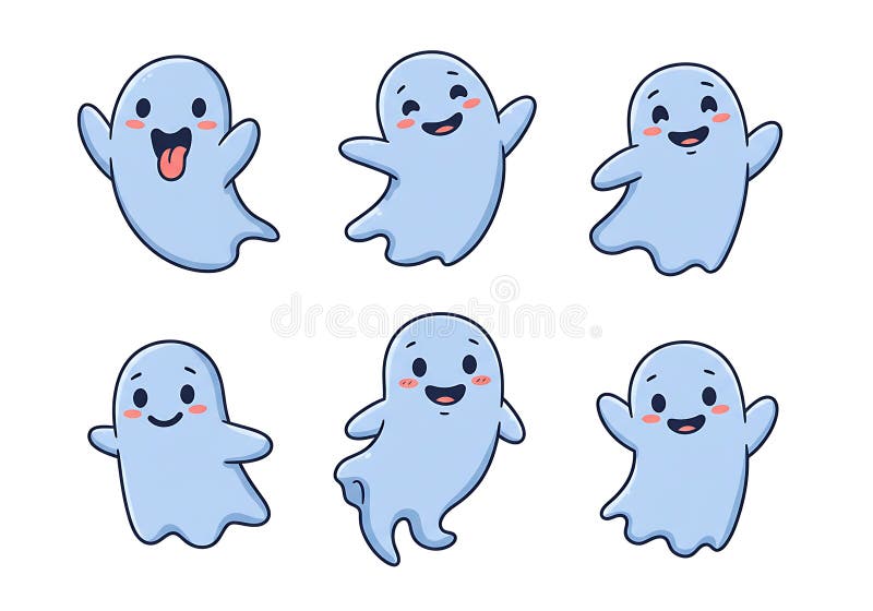 Cute Cartoon Ghosts in Various Poses Stock Illustration - Illustration ...