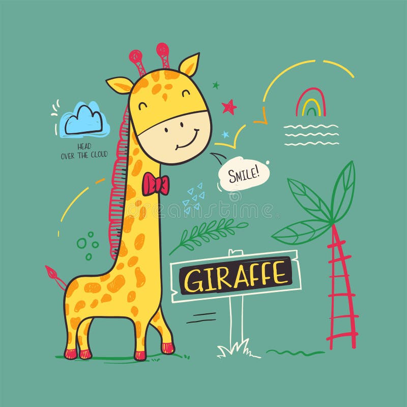 Cute Cartoon Giraffe Smiling on Trees and Leaves Background Stock ...