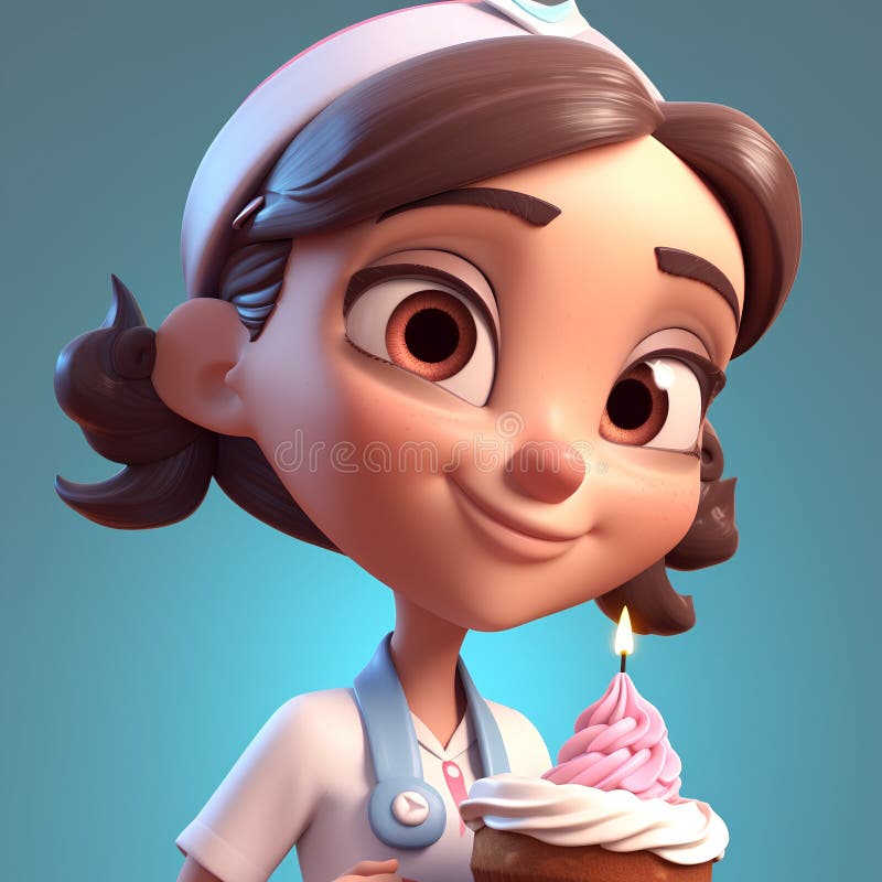 Cute Cartoon Girl with a Birthday Cake. 3D Rendering Stock Illustration ...