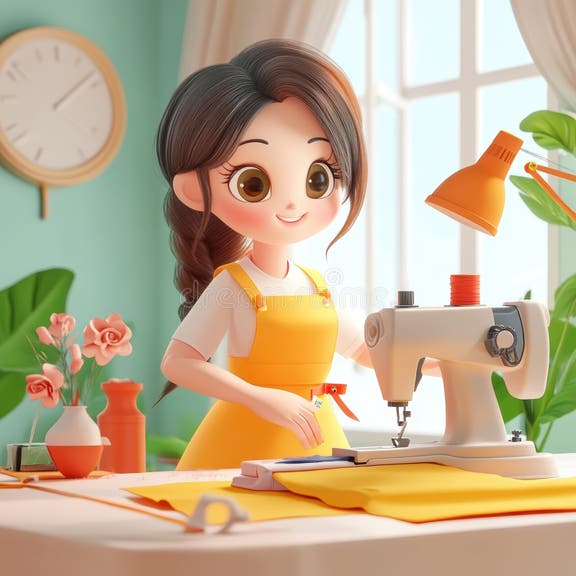 Cute Cartoon Girl Sewing Machine Stock Illustrations 119 Cute Cartoon