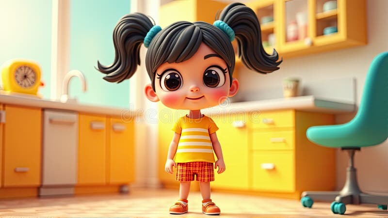 Cute Cartoon Girl in Kitchen. Stock Illustration - Illustration of ...