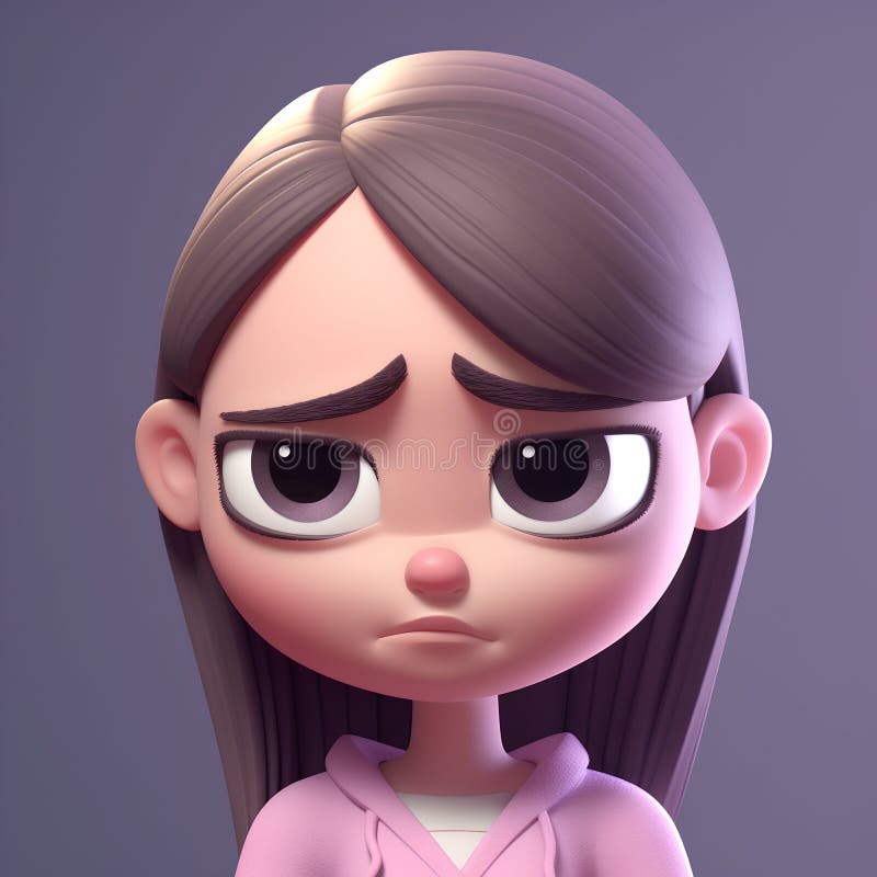 Cute Cartoon Girl with Sad Expression. 3d Render Illustration Stock ...