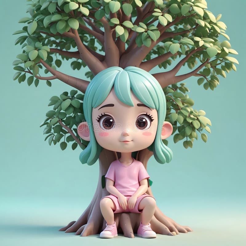 Cute Cartoon Girl Sitting on a Tree Trunk Stock Illustration ...