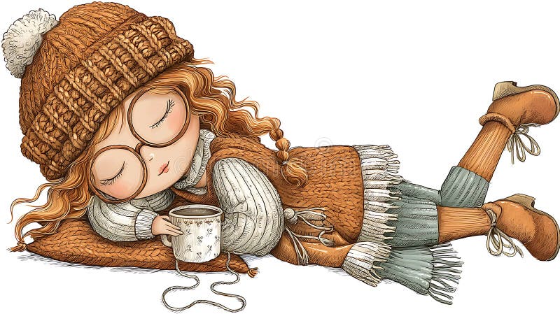 Cute Cartoon Girl Sleeping in Cozy Winter Outfit Stock Illustration ...