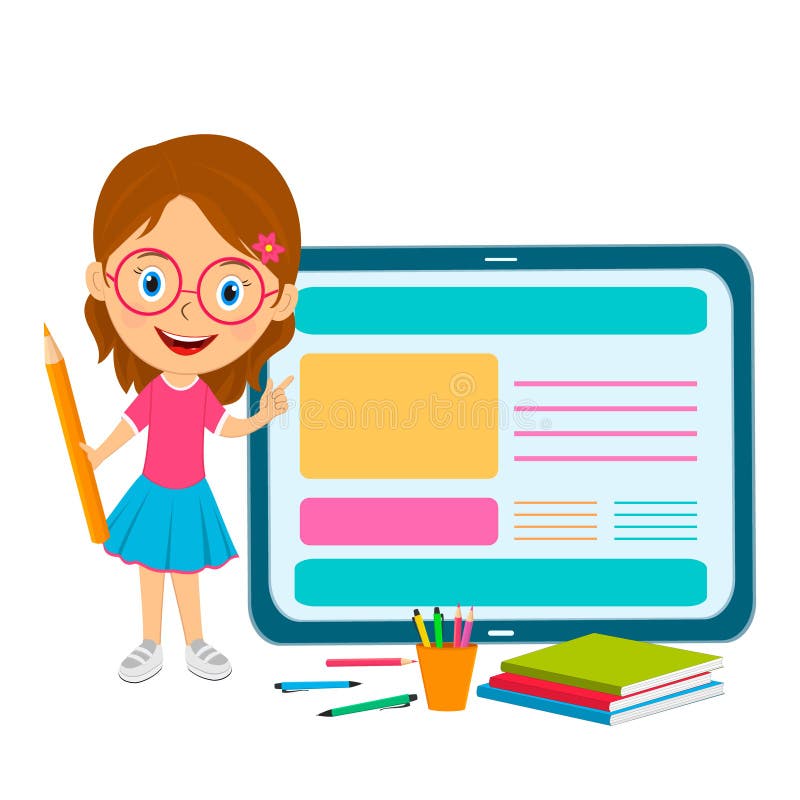 Cute Cartoon Girl and Tablet Stock Vector - Illustration of interaction ...