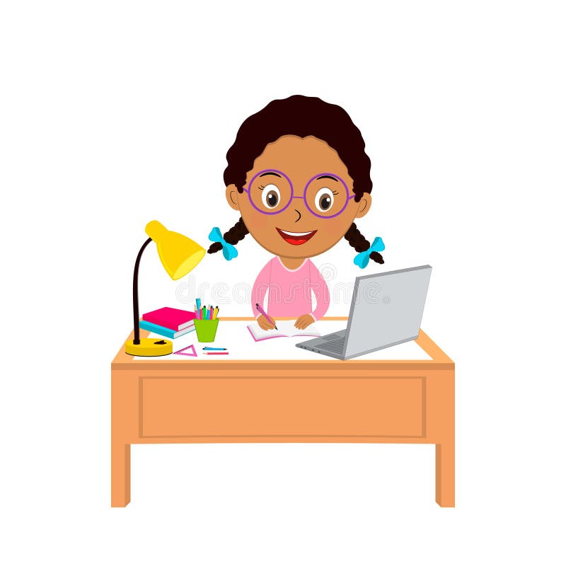 Cute Cartoon Girl Using Computer Stock Vector - Illustration of girl ...