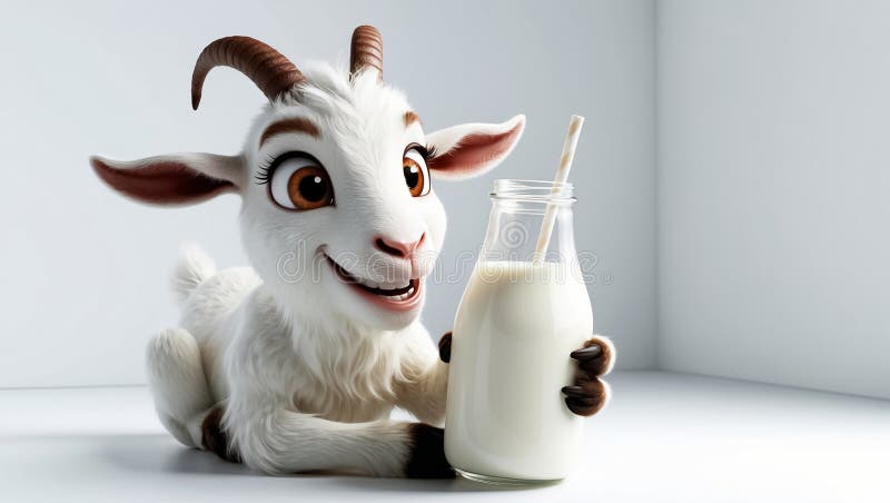 Cute Cartoon Goat with Bottle of Milk Stock Illustration - Illustration ...