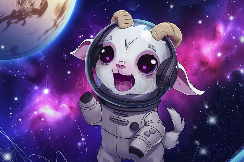 Cute Cartoon Goat in a Spacesuit Exploring Outer Space with a Joyful ...