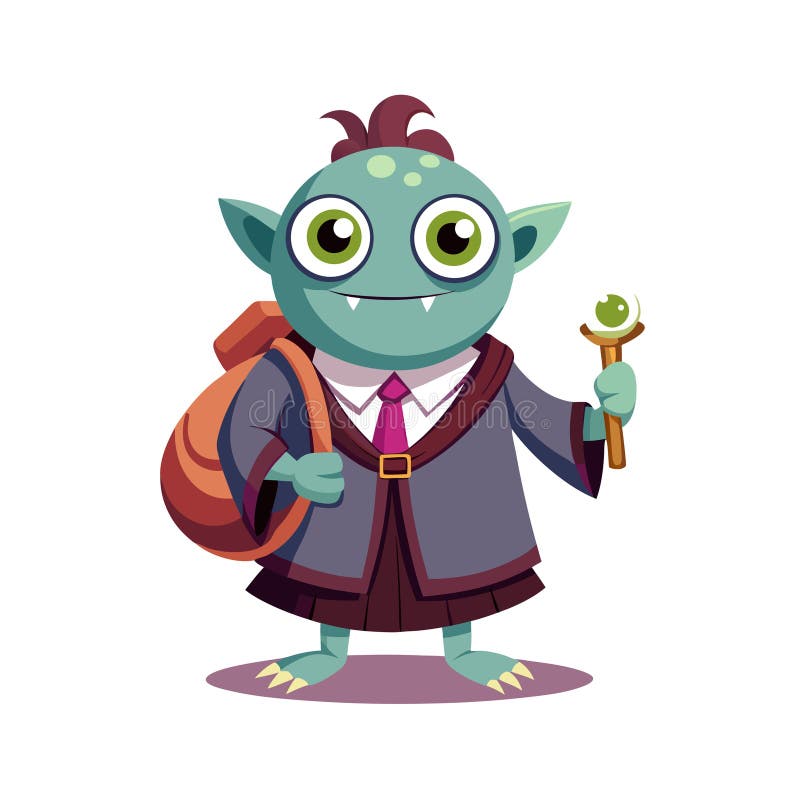 Cute Cartoon Goblin Wizard Student with Wand and Backpack Vector ...