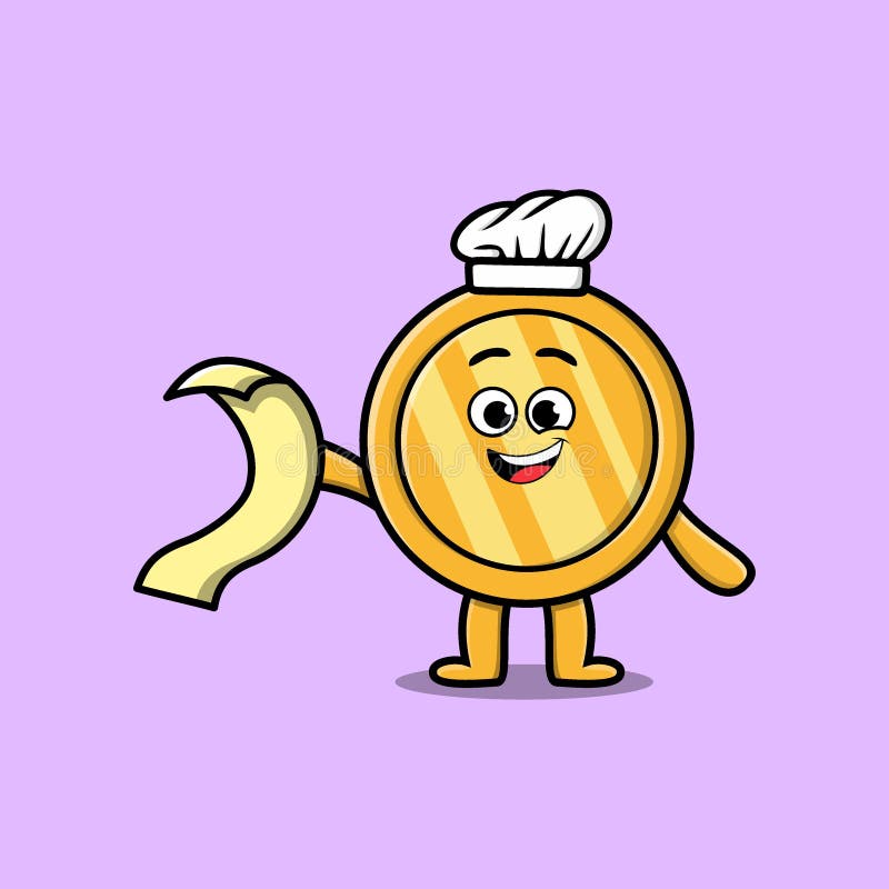 Cute Cartoon Gold Coin Chef with Menu in Hand Stock Illustration ...