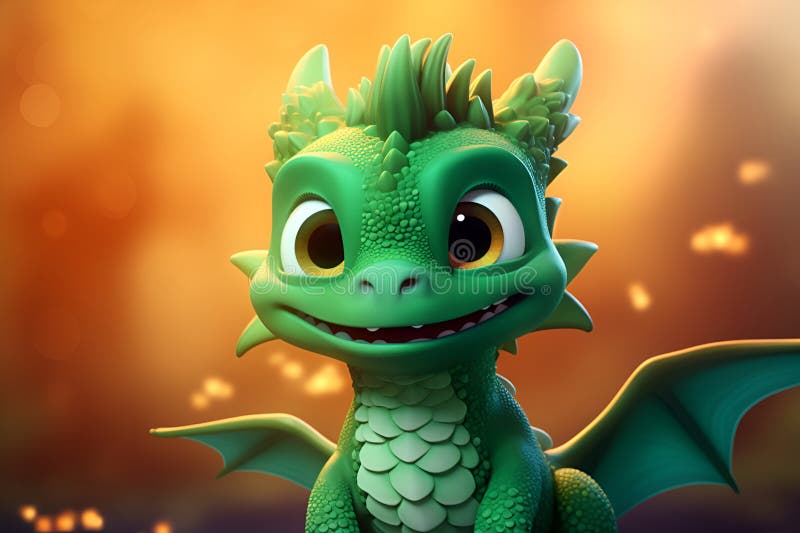 Cute Cartoon Green Dragon on an Orange Background Stock Illustration ...
