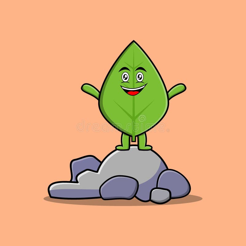 Cute Cartoon Green Leaf Standing in Stone Stock Vector - Illustration ...