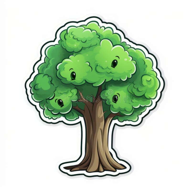 Cute Cartoon Green Tree Sticker Isolated on White Background. Vector ...