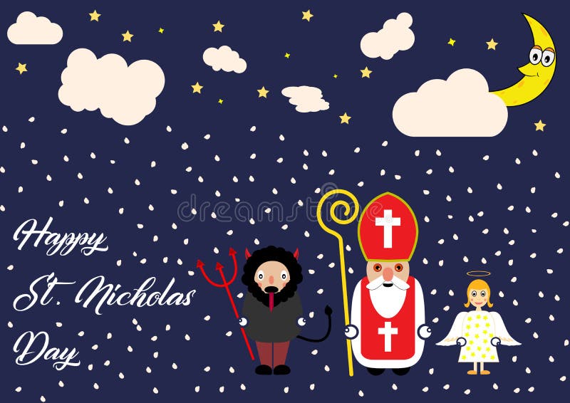 Cute Cartoon Greeting Card with Saint Nicholas, Angel and Devil ...