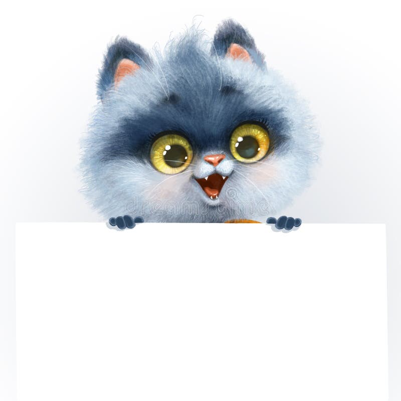 Cute Cartoon Grey Kitten with Big White Banner in Paws Stock ...