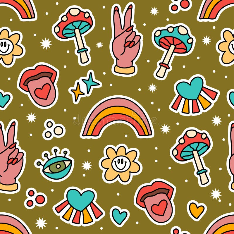 Cute Cartoon Groovy Sticker Vector Seamless Pattern, Hippie Retro ...