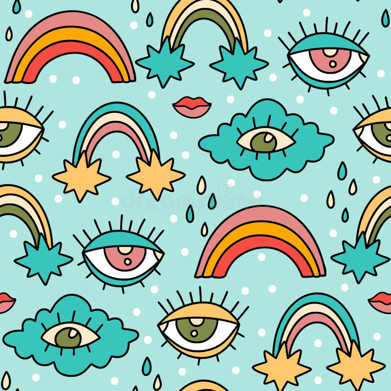 Cute Cartoon Groovy Sticker Vector Seamless Pattern, Hippie Retro ...