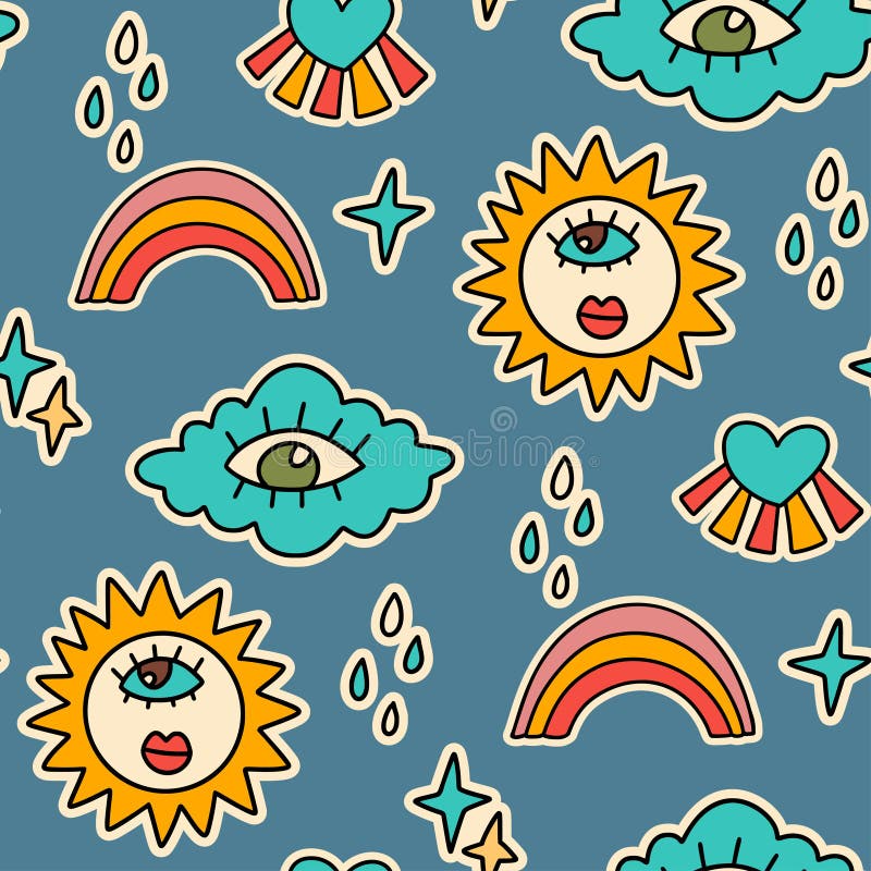 Cute Cartoon Groovy Sticker Vector Seamless Pattern, Hippie Retro ...