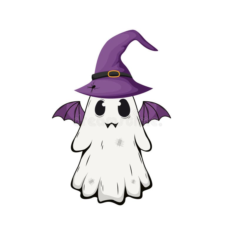 Cute Cartoon Halloween Ghost with Hat and Devil Wings. Funny Spooky ...