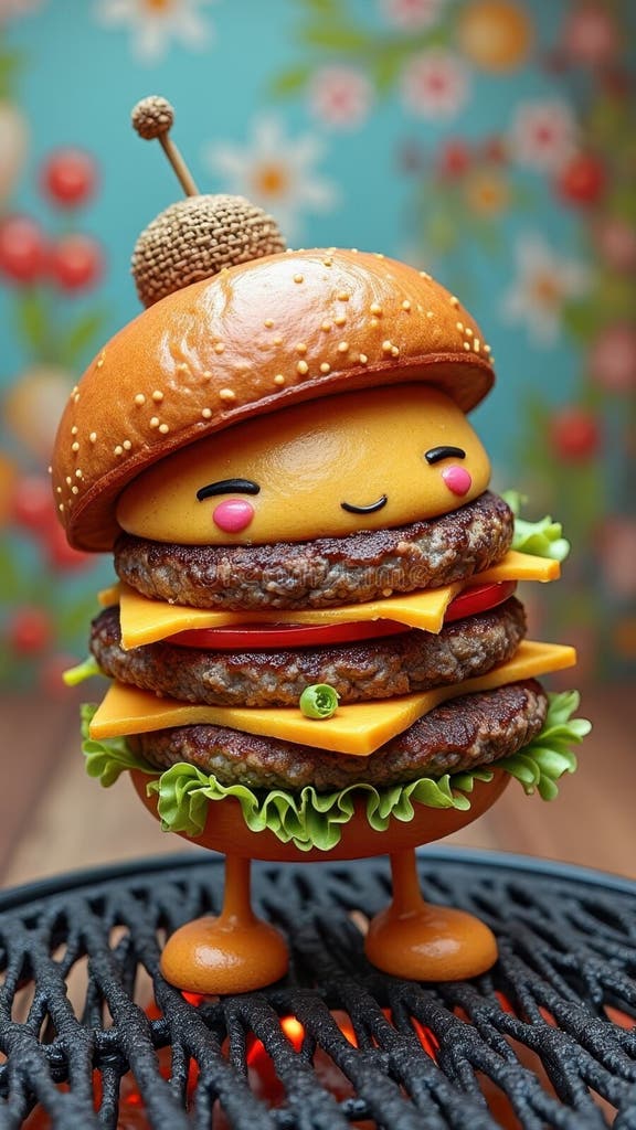 Cute Cartoon Hamburger Character with Cheese and Lettuce on Grill Stock ...
