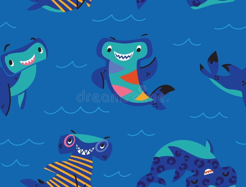 Cute Cartoon Hammerhead Sharks. Blue Vector Underwater Seamless Pattern ...