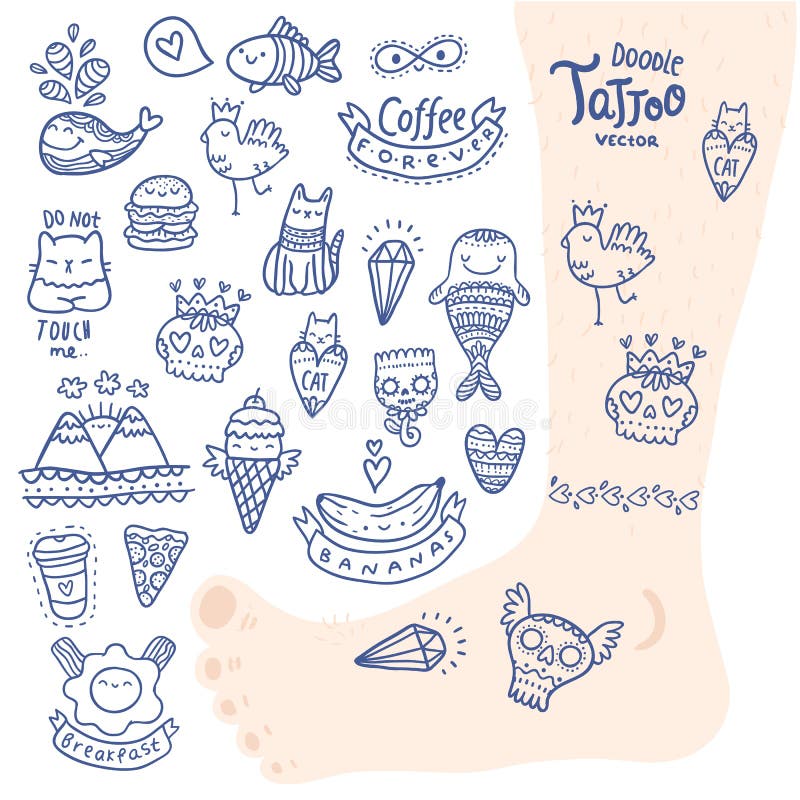 Cute Cartoon Hand Drawn Doodle Tattoo Set Stock Vector - Illustration ...