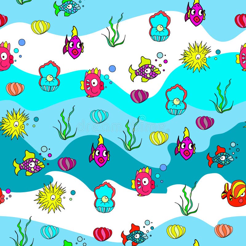 Cute Cartoon Hand Drawn Oceans Life, Fish and Shells Seamless Pattern ...