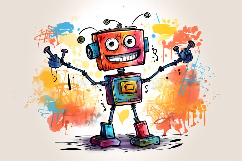 Cute Cartoon Happy Robot. Drawing with Colored Pencils Stock ...