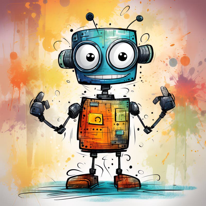 Cute Cartoon Happy Robot. Drawing with Colored Pencils Stock ...