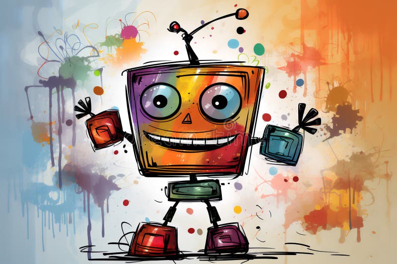 Cute Cartoon Happy Robot. Drawing with Colored Pencils Stock ...