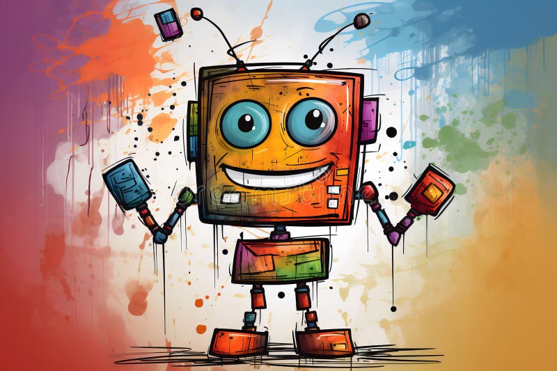 Cute Cartoon Happy Robot. Drawing with Colored Pencils Stock ...