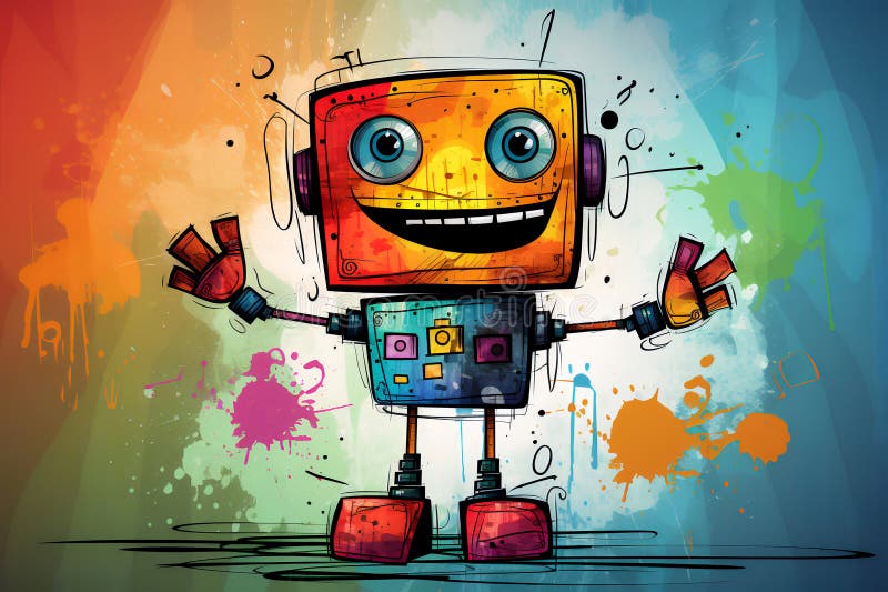 Cute Cartoon Happy Robot. Drawing with Colored Pencils Stock ...