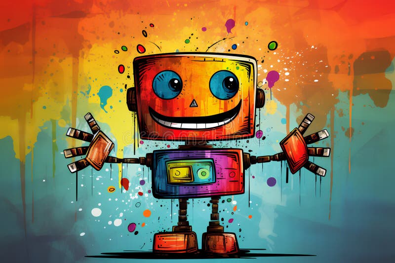 Cute Cartoon Happy Robot. Drawing with Colored Pencils Stock ...