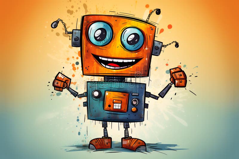 Cute Cartoon Happy Robot. Drawing with Colored Pencils Stock ...