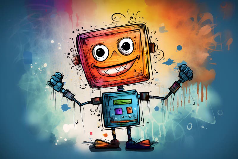 Cute Cartoon Happy Robot. Drawing with Colored Pencils Stock ...