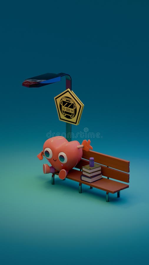 Cute Cartoon Heart Sitting on a Bench at a Bus Stop Stock Illustration ...