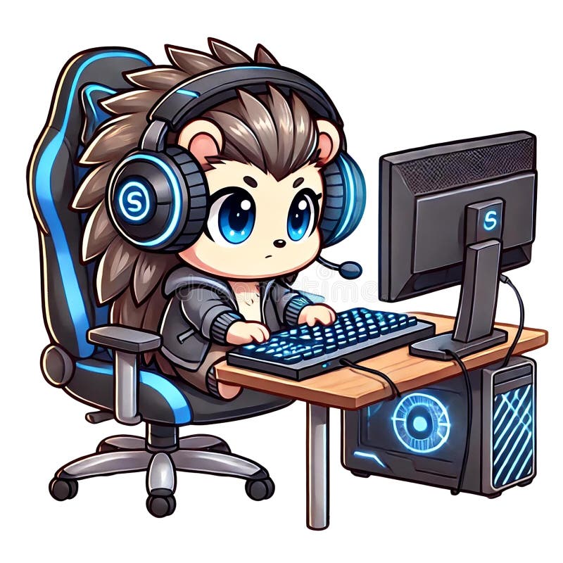 A Cute Cartoon Hedgehog Gaming Enthusiast at a Computer Setup Stock ...