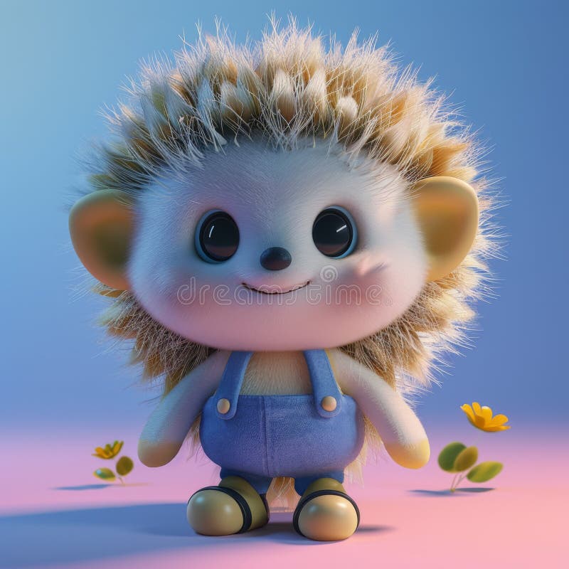 Cute Cartoon Hedgehog in Overalls with Flowers Stock Photo - Image of ...