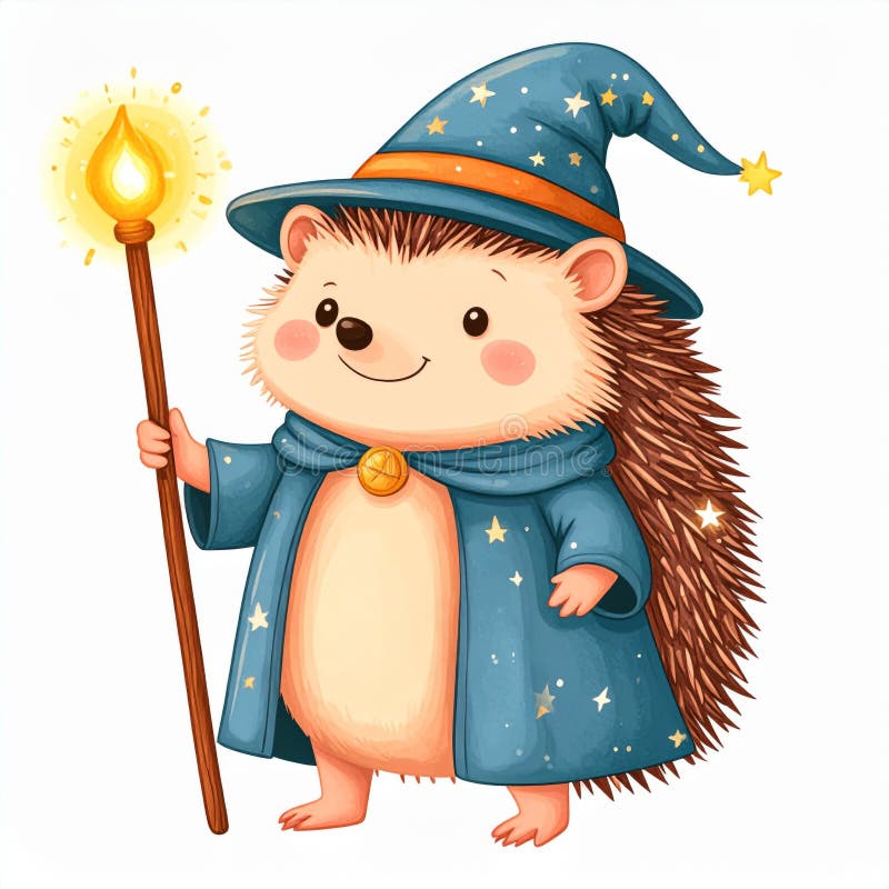 Cute Cartoon Hedgehog Wizard with Magic Staff Stock Illustration ...