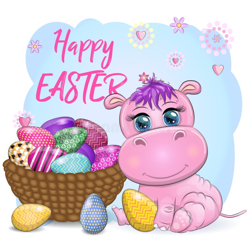 Cute Cartoon Hippo with Easter Egg, Easter Card Stock Vector ...