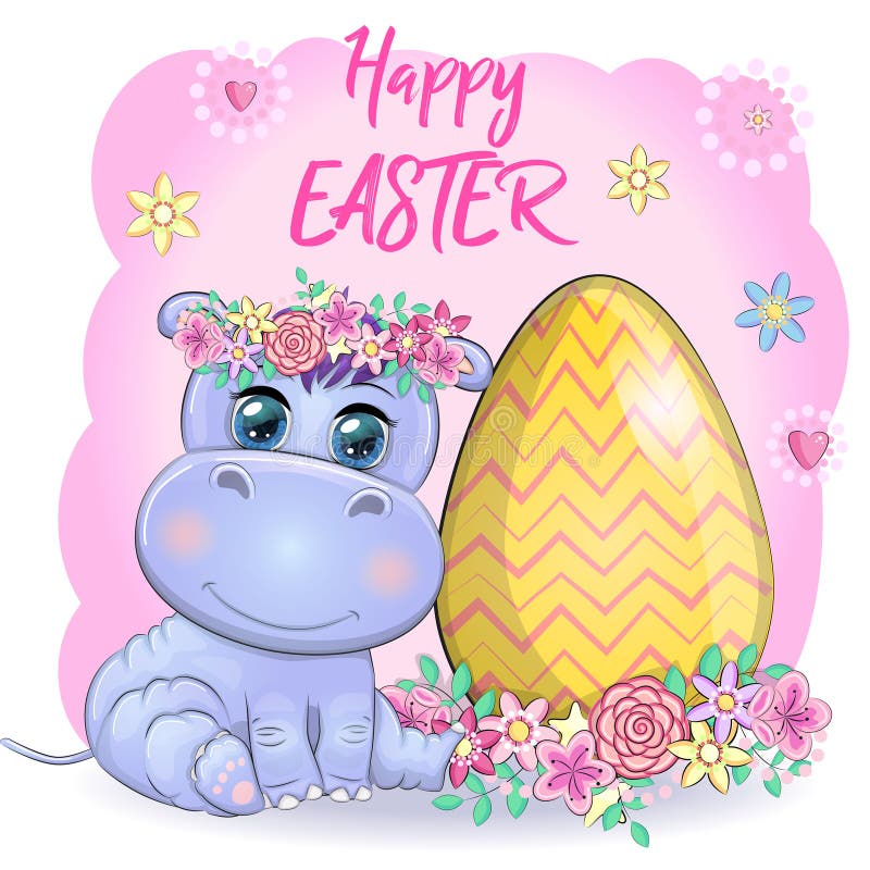 Cute Cartoon Hippo with Easter Egg, Easter Card Stock Vector ...