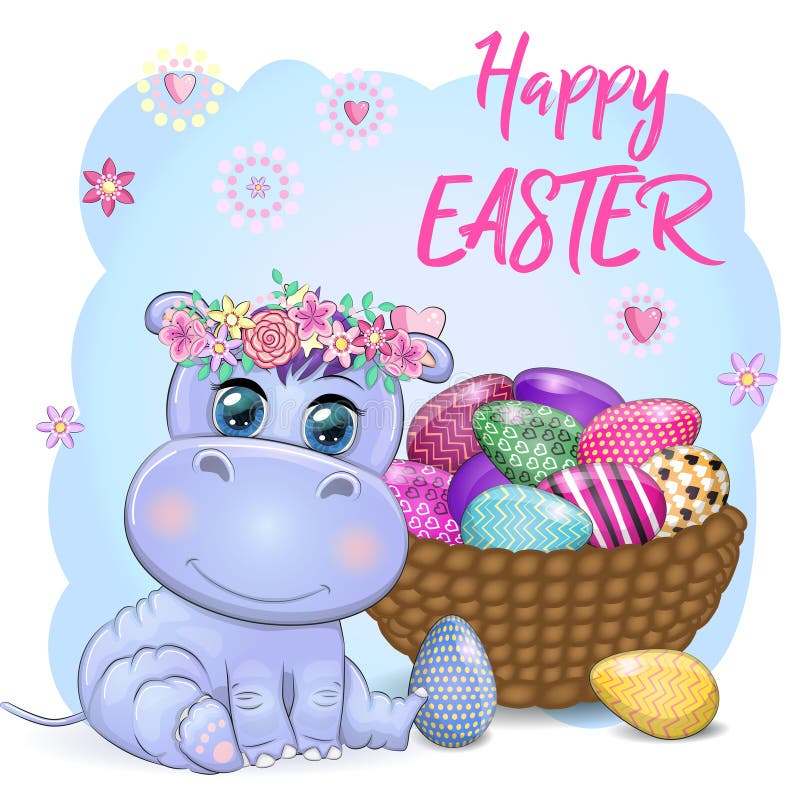 Cute Cartoon Hippo with Easter Egg, Easter Card Stock Vector ...