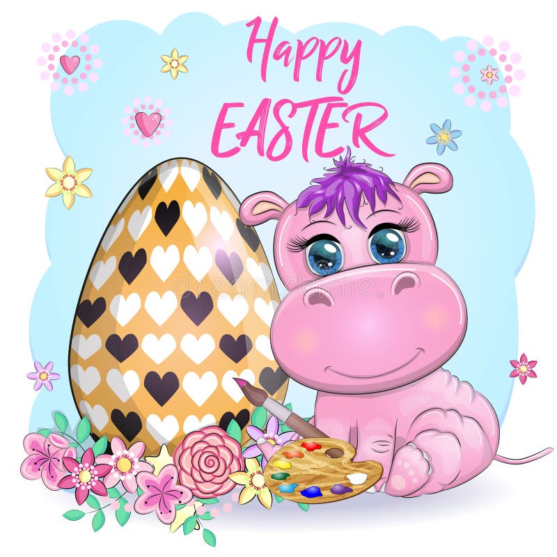 Cute Cartoon Hippo with Easter Egg, Easter Card Stock Illustration ...